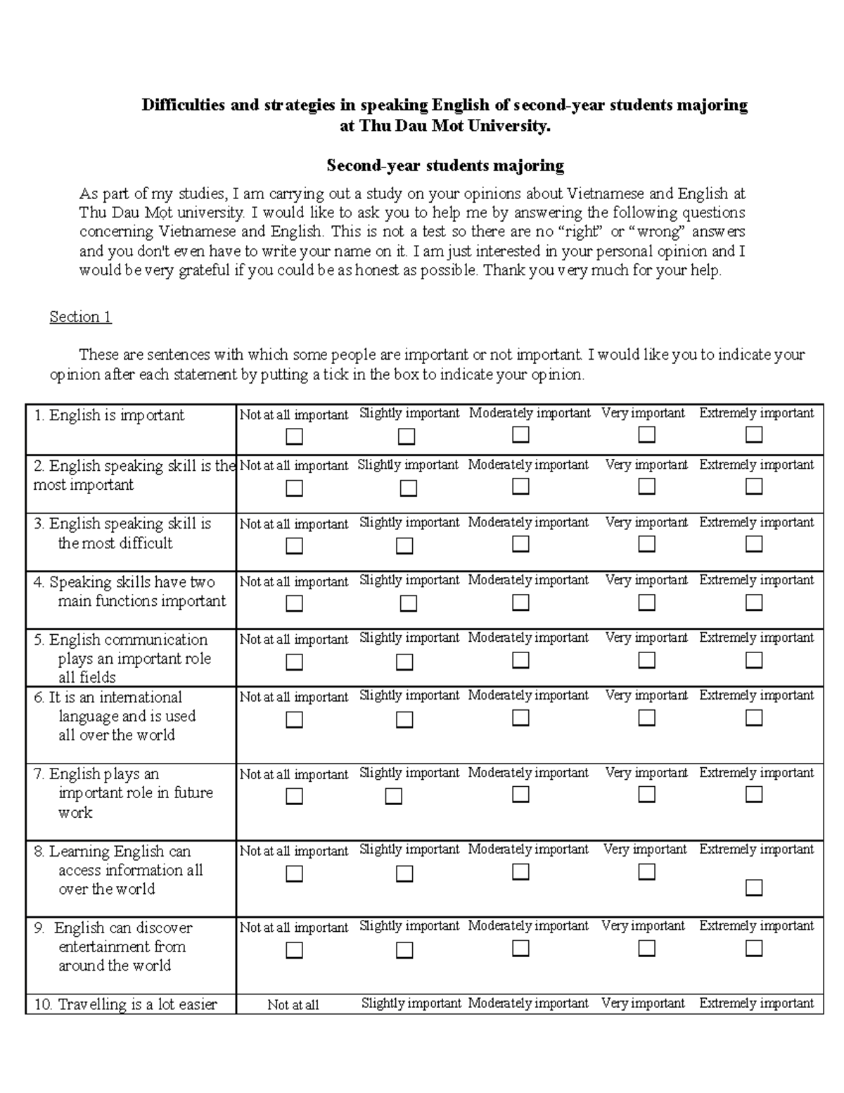 Questionnaire on English Speaking Difficulties - Non-English Major ...