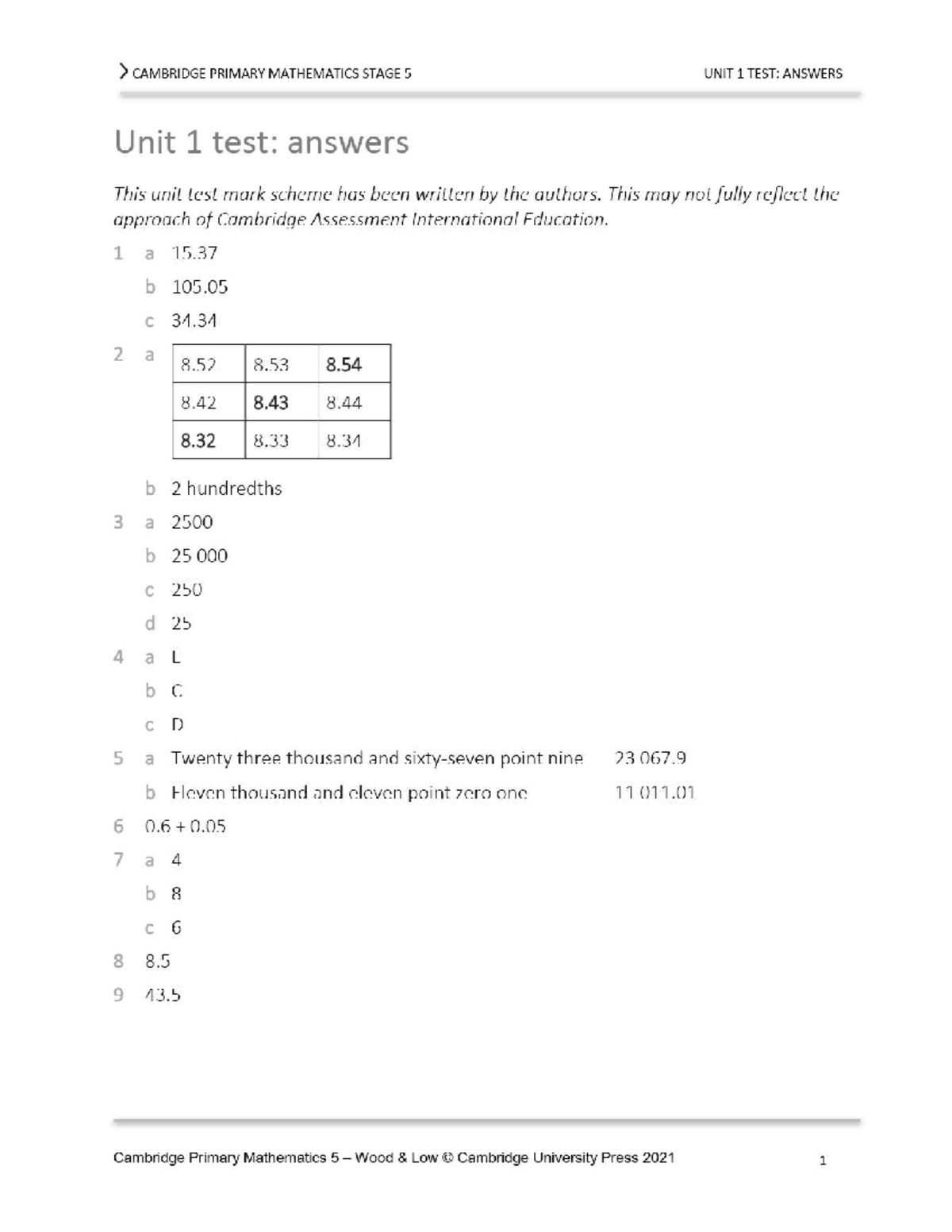 CAMBRIDGE PRIMARY MATHEMATICS STAGE 5 UNIT TEST ANSWERS: ALL UNITS ...