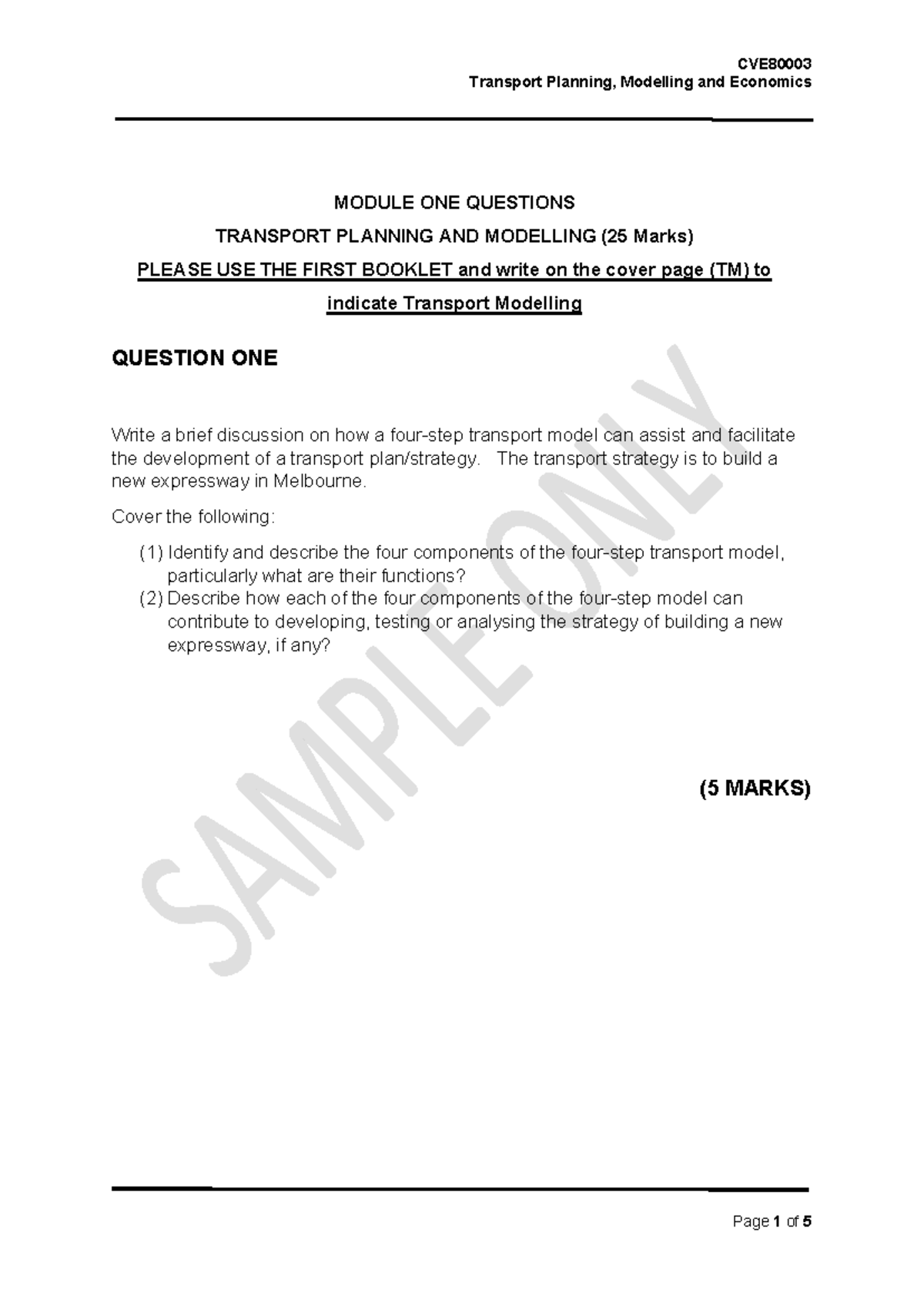 TM101: Sample Exam on Transport Planning and Modelling Techniques - Studocu