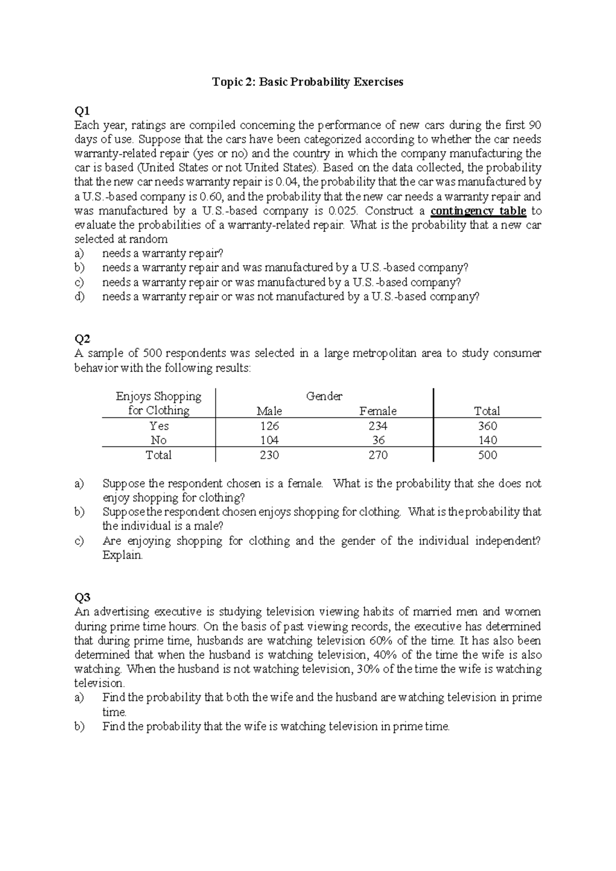 Topic 2: Basic Probability Exercises and Questions - Studocu