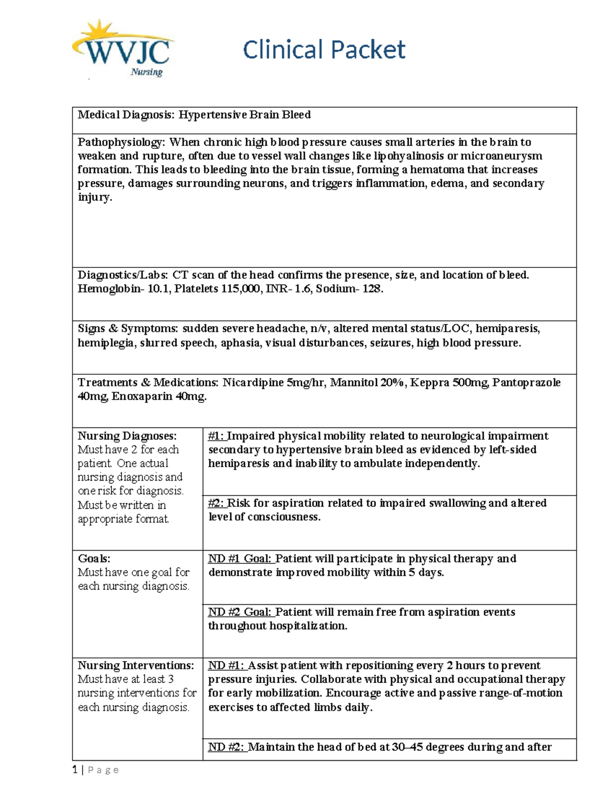 NUR 204 Clinical Packet: Hypertensive Brain Bleed Diagnosis ...