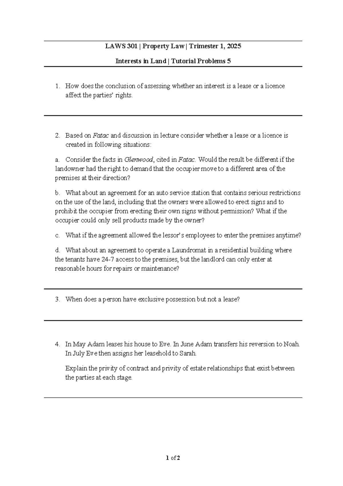 LAWS 301 Property Law T1 2025 Tutorial 5 Worksheet on Interests in Land ...