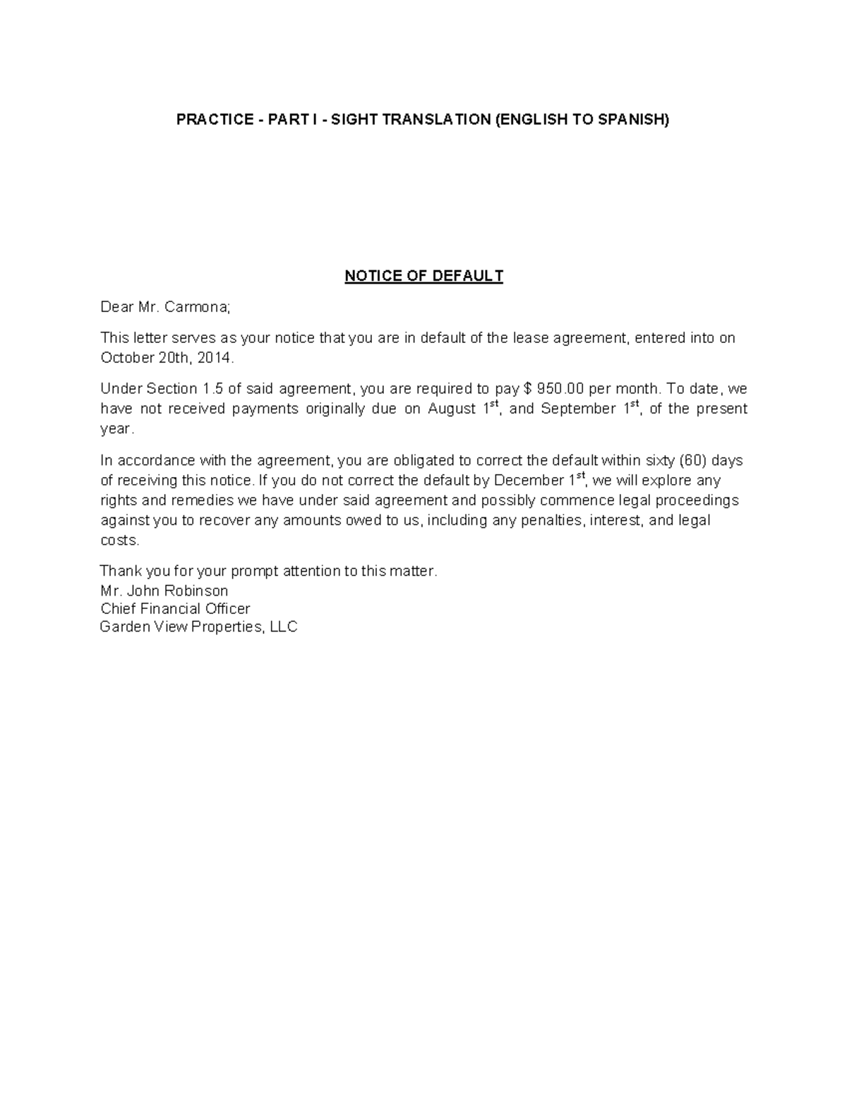 Practice Sight Translation: English to Spanish - Notice of Default ...