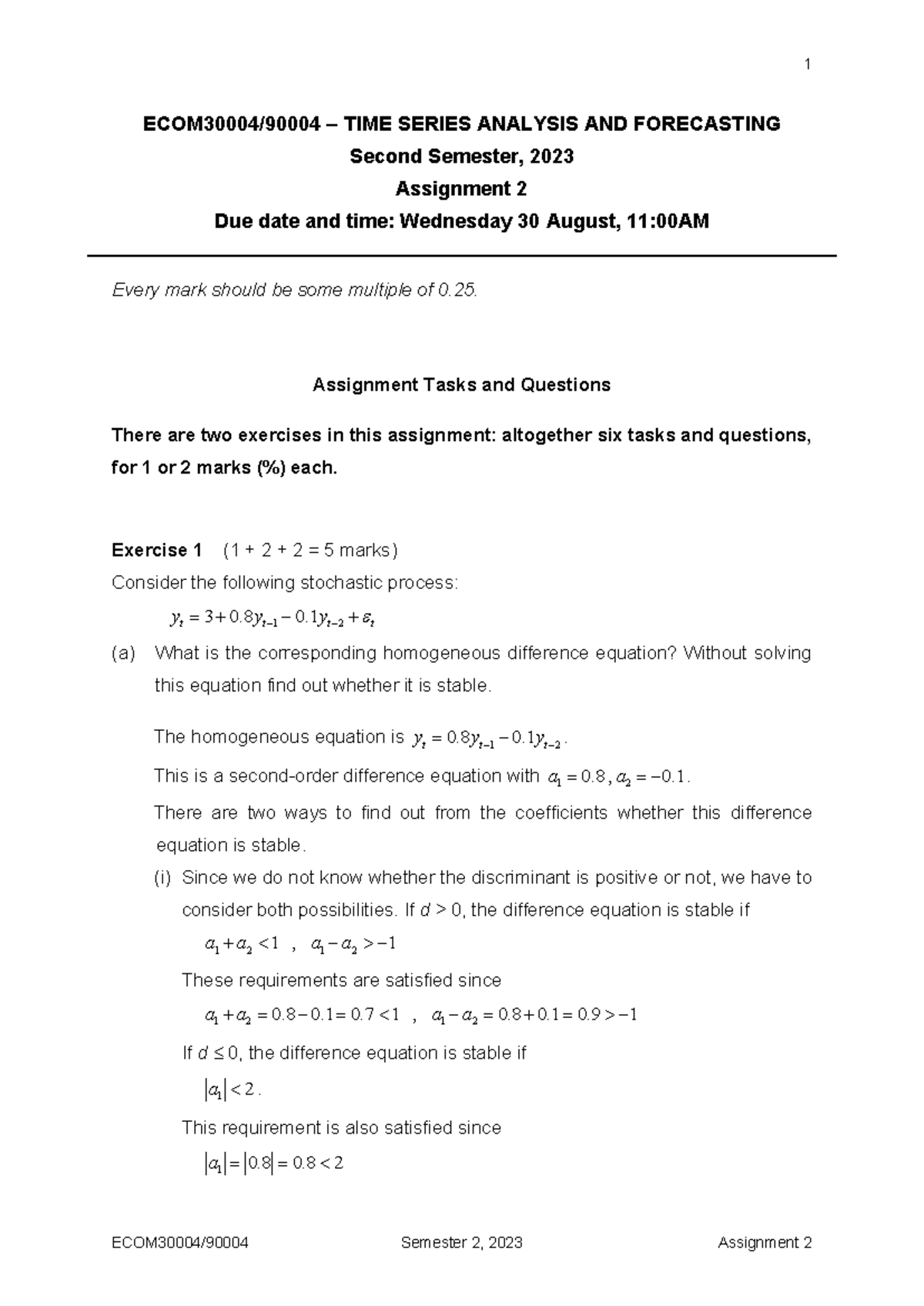 Assignment 2 Solutions - ECOM30004/90004 – TIME SERIES ANALYSIS AND FORECASTING Second Semester ...