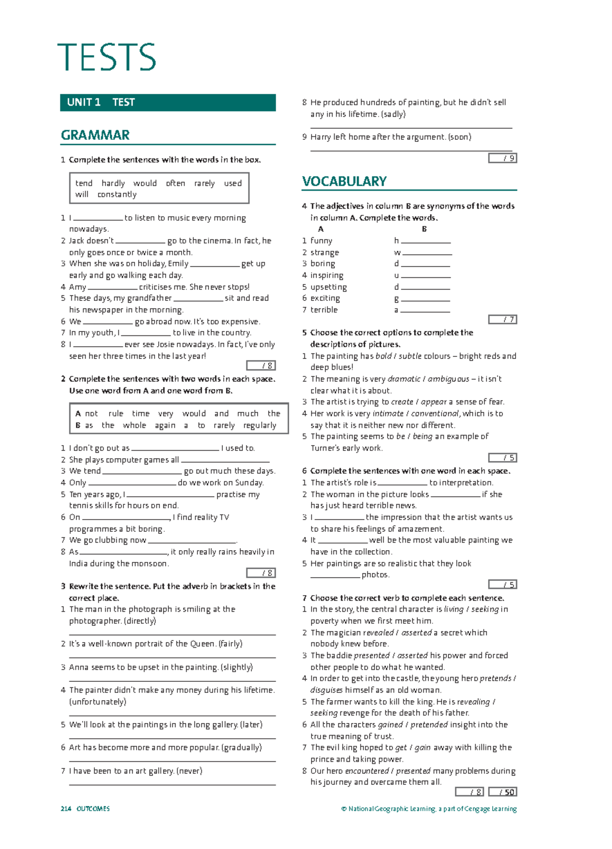 Outcomes Upper Intermediate Unit 1 Test - 214 OUTCOMES © National ...