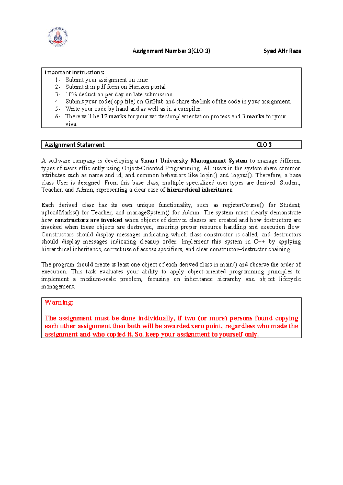 OOP Assignment 3 (CLO 3): Smart University Management System - Studocu