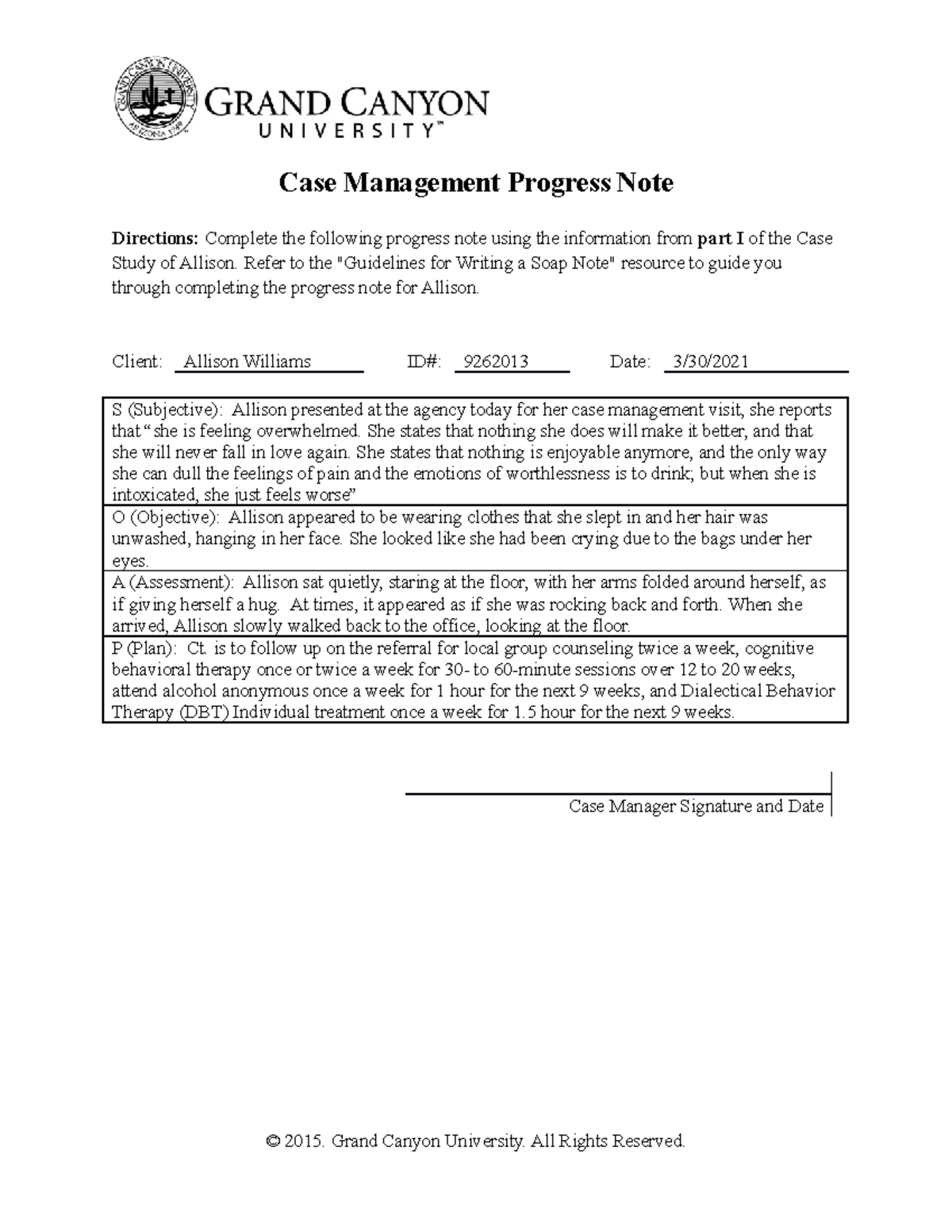 Progress note - Assignment for case management - Case Management ...