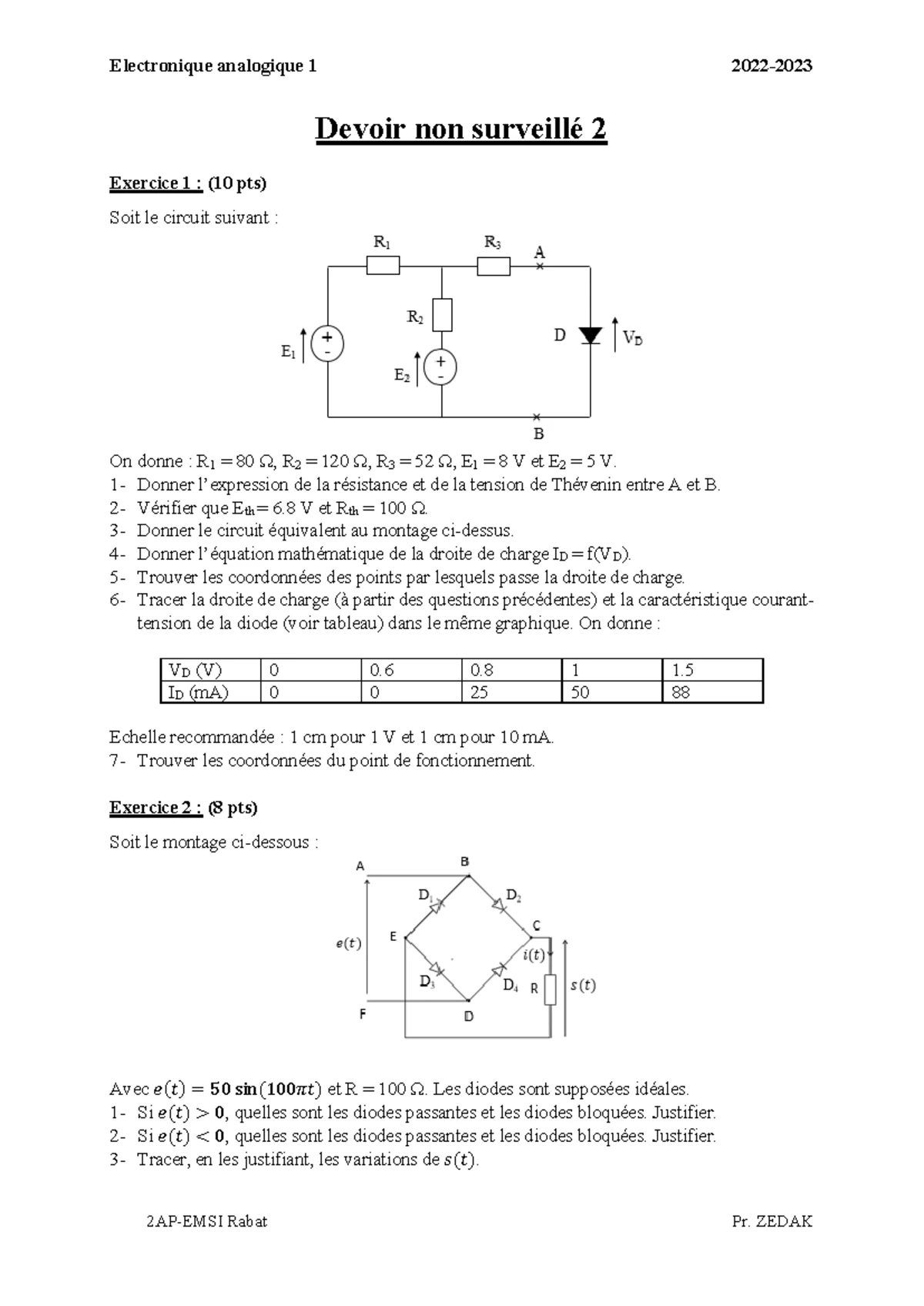 Travaux Dirigés-diodes à jonction PN - Diodes à jonction PN : Travaux Dirigés Exercice 1 : 1 ...