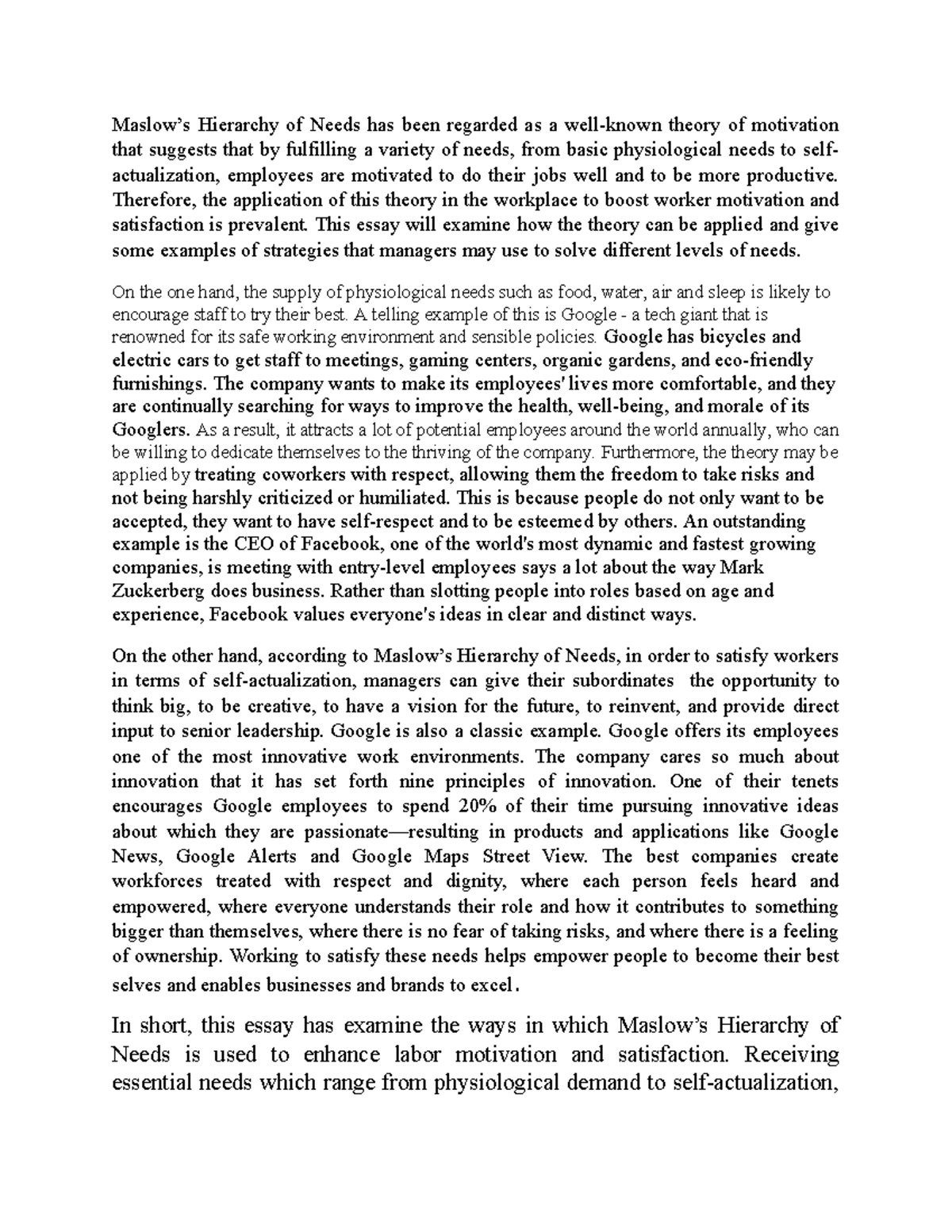 Applying Hierarchy of Needs in the Workplace: Essay 2 TACN - Studocu