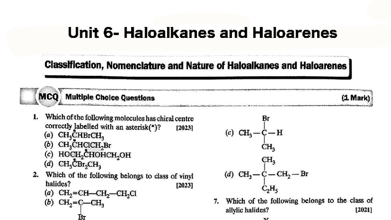 Haloalkanes and Haloarenes I: MCQ and Short Answer Questions (Course ...