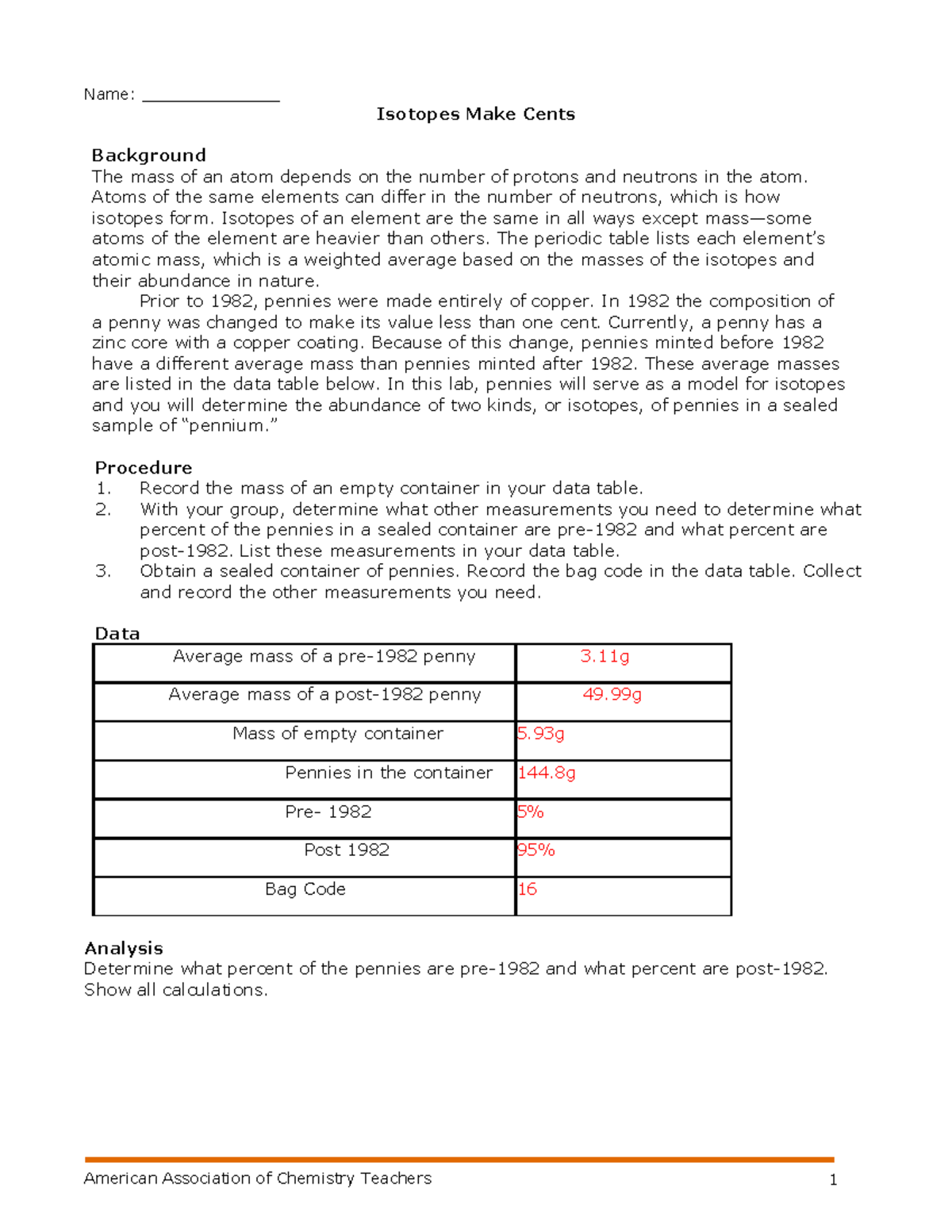 Lab on Isotopes: Analyzing Pre and Post-1982 Pennies (1) - Studocu
