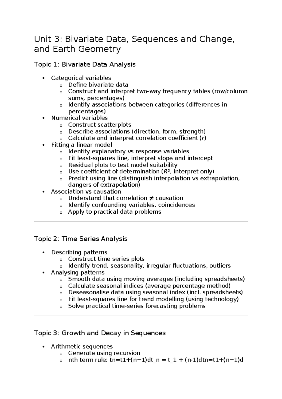Unit 3 & 4: Bivariate Data, Time Series, Growth, and Investments - Studocu