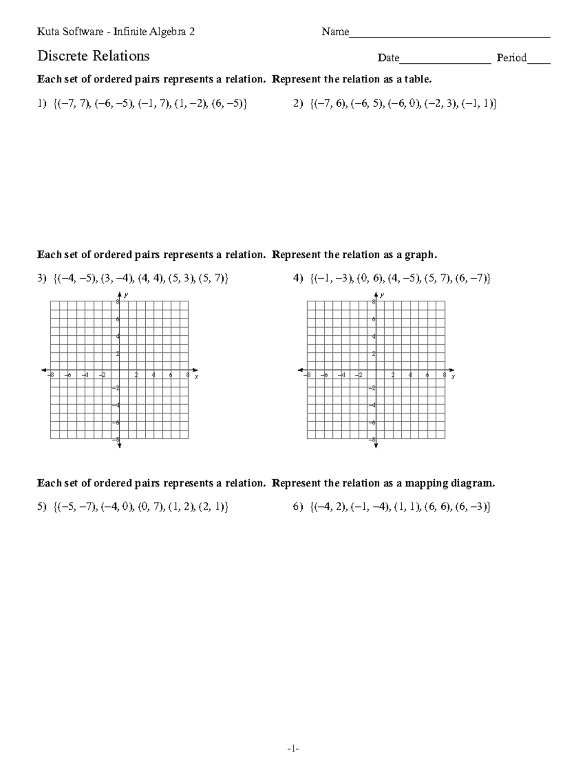 KUTA MATH: Discrete Relations Worksheet - Infinite Algebra 2 - Studocu