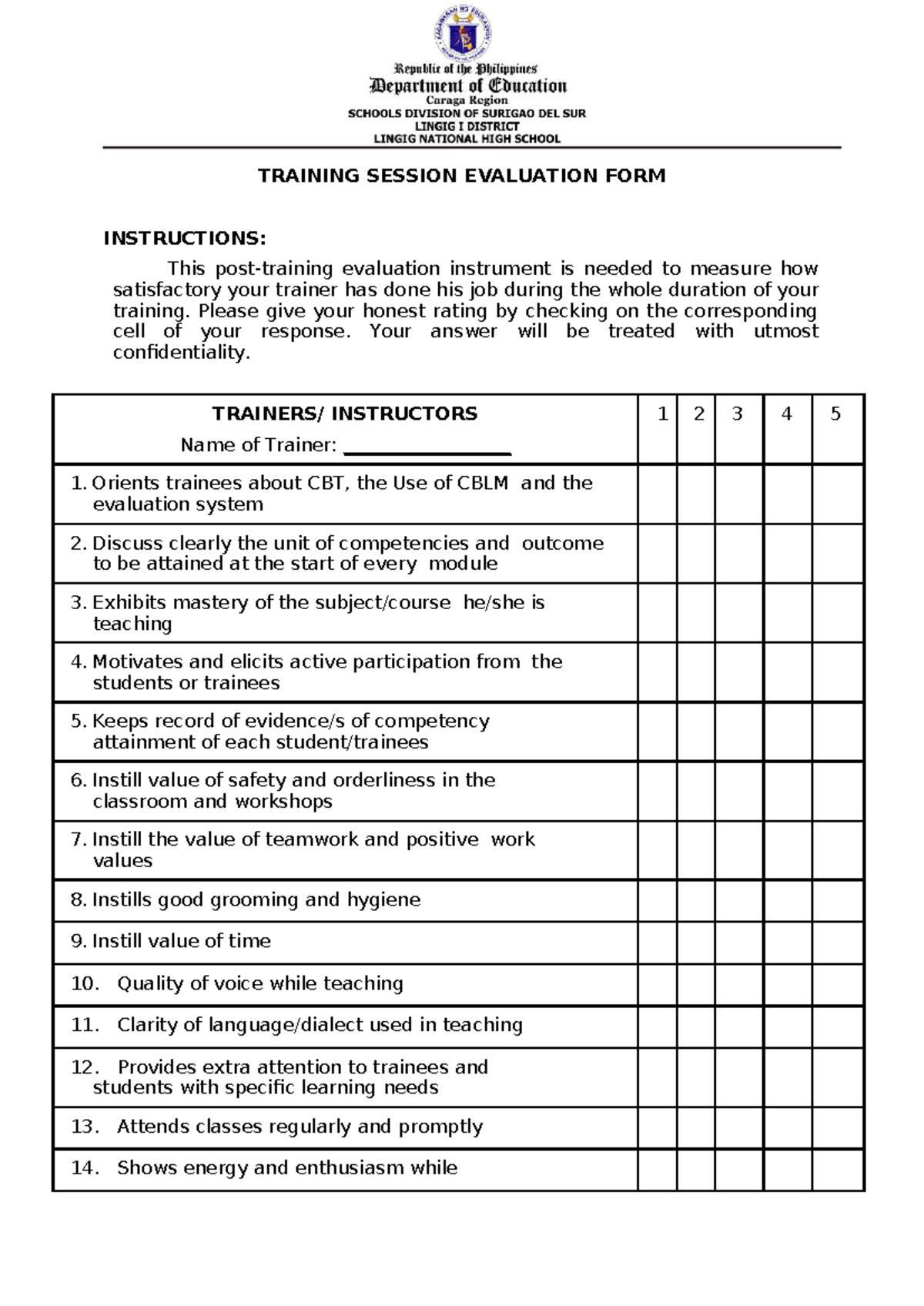 End of Session Evaluation for Trainer Performance Assessment - Studocu