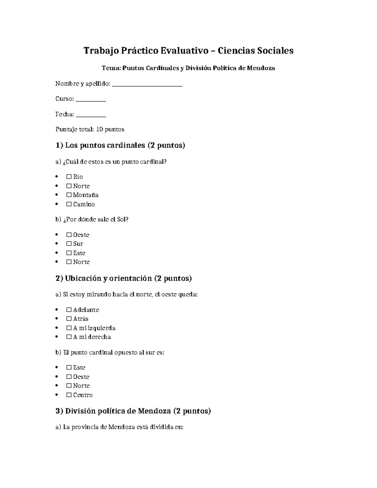 Trabajo Práctico Evaluativo Ciencias Sociales: Puntos Cardinales y ...