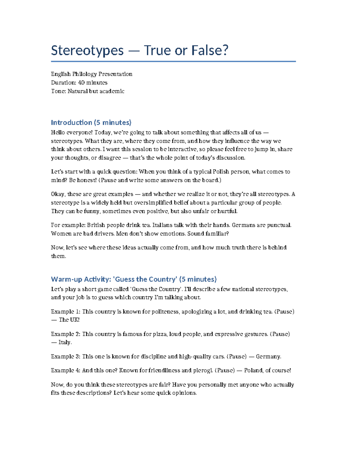Stereotypes: True or False? - English Philology Presentation Script ...