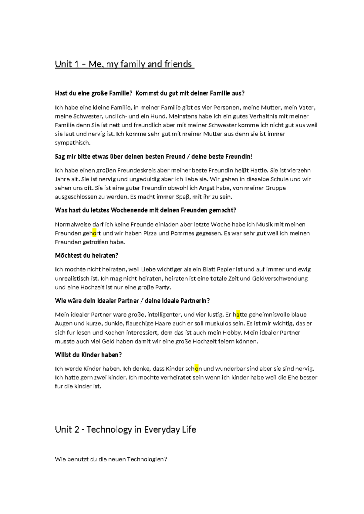 German Speaking Questions: Unit 1-4 Family, Technology, Activities ...