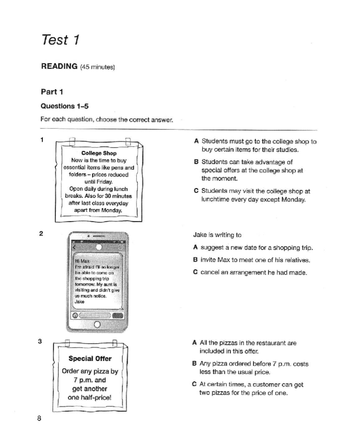 Reading Test 1 - Part 1, 2, 3 Questions - PET - Studocu