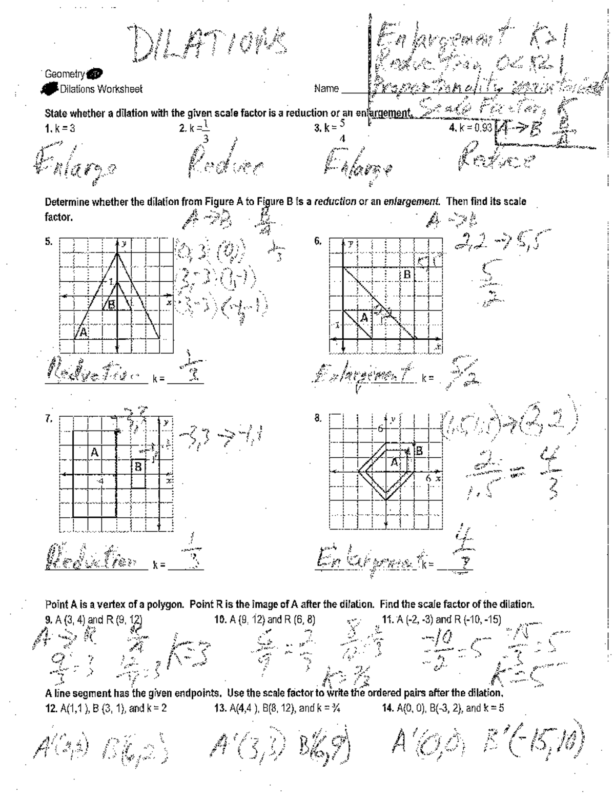 Dilations Worksheet Final KEY - DILATIONS Enlargement Reduc tion OLKLI ...