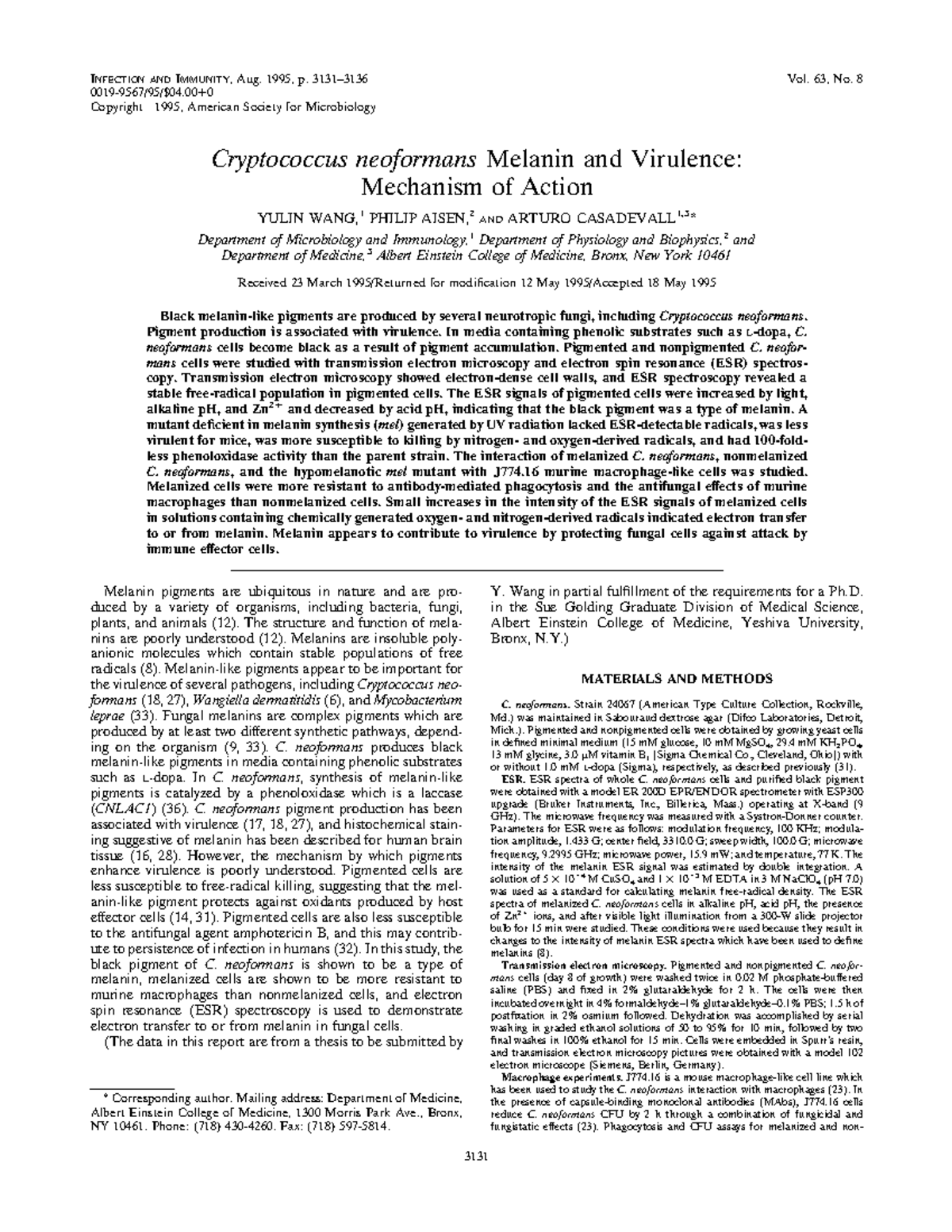 Cryptococcus neoformans Melanin and Virulence Mechanisms (633131) - Studocu
