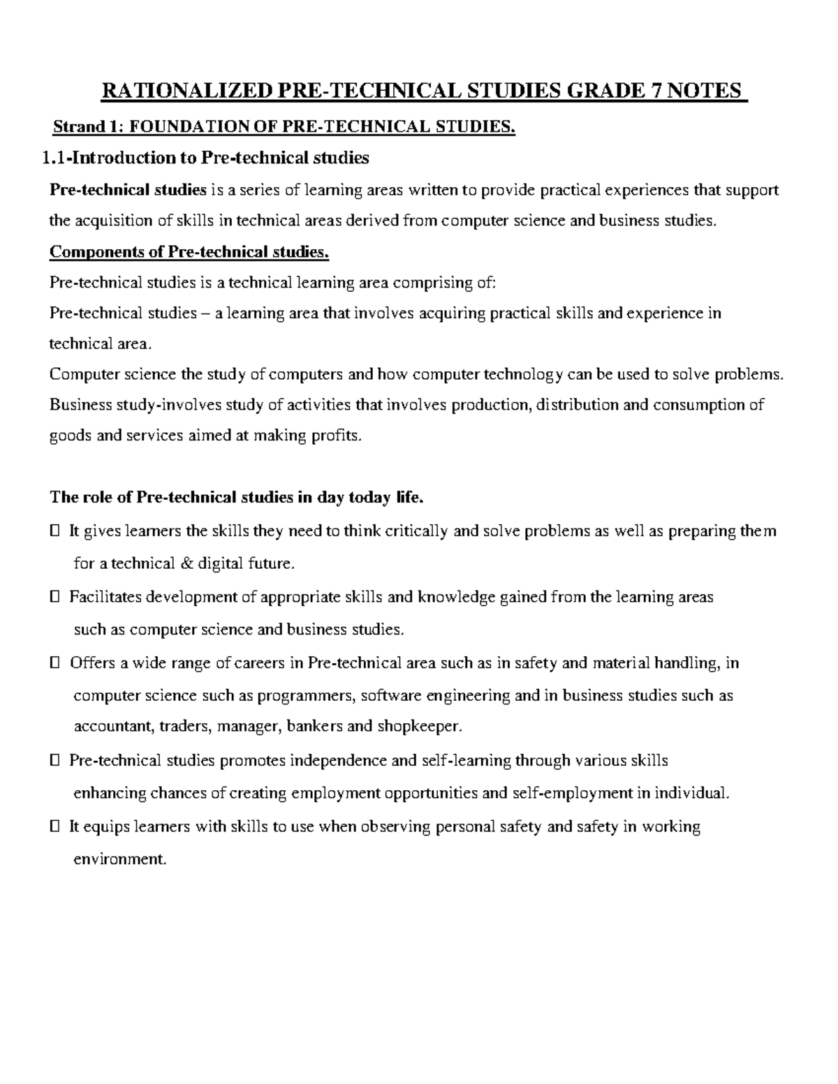 GRADE 7 PRE TECHNICAL STUDIES: FOUNDATION OF STUDIES NOTES - Studocu