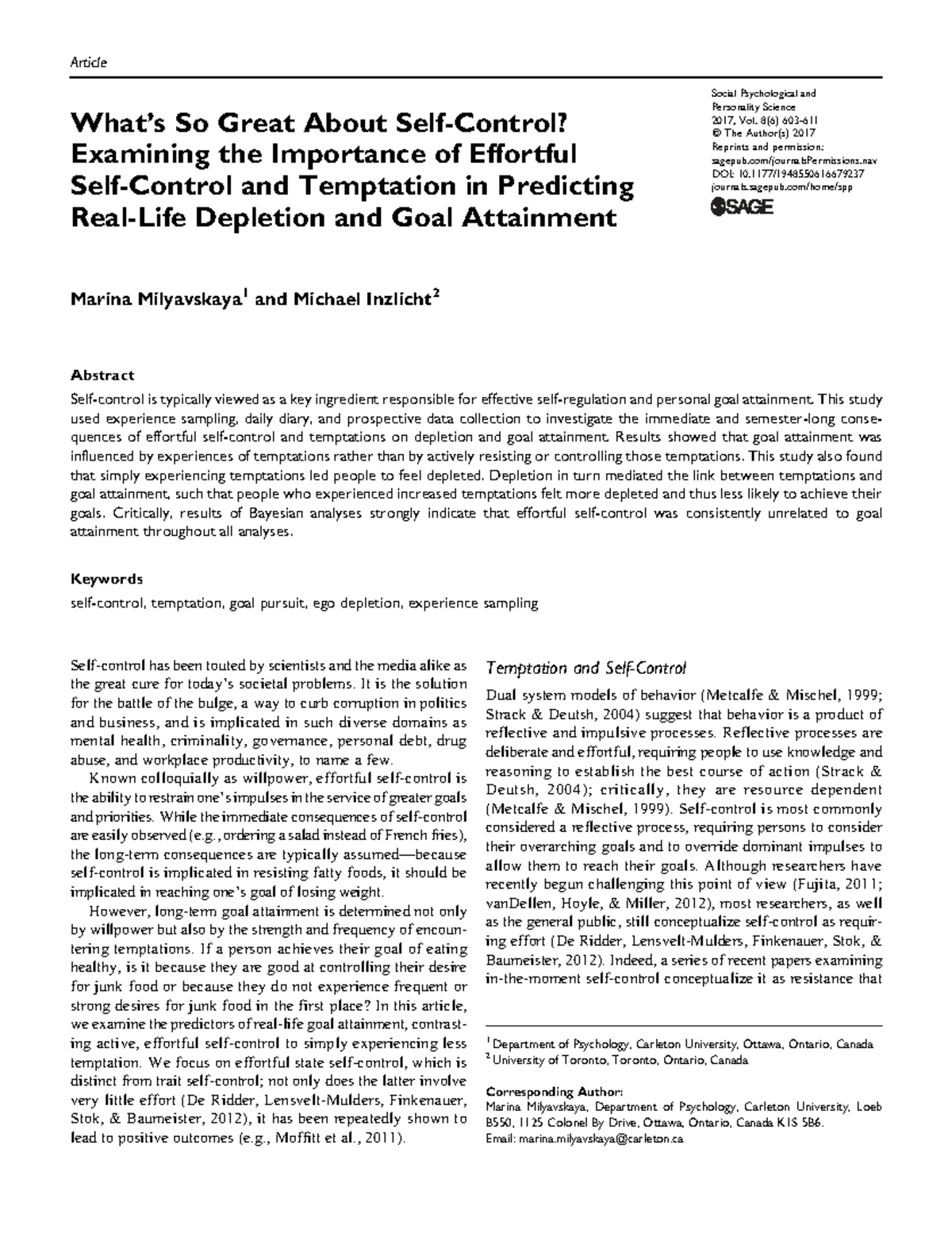 PSYC 2017: The Role of Temptation and Self-Control in Goal Attainment ...