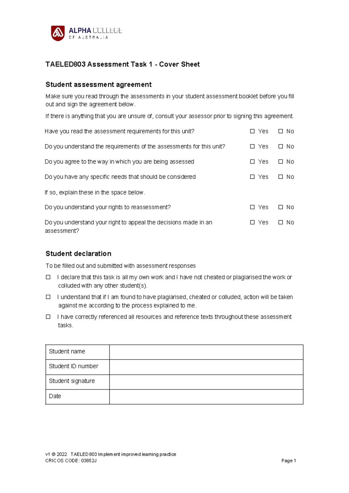 TAELED803 Assessment Task 1: Student Agreement & Research Report - Studocu