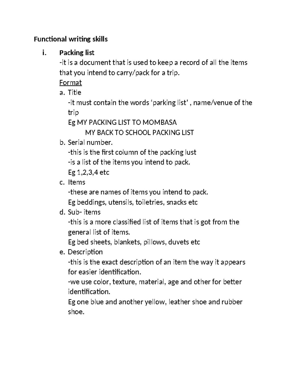 Form One Functional Writing Skills: Packing List & Diary Entries - Studocu