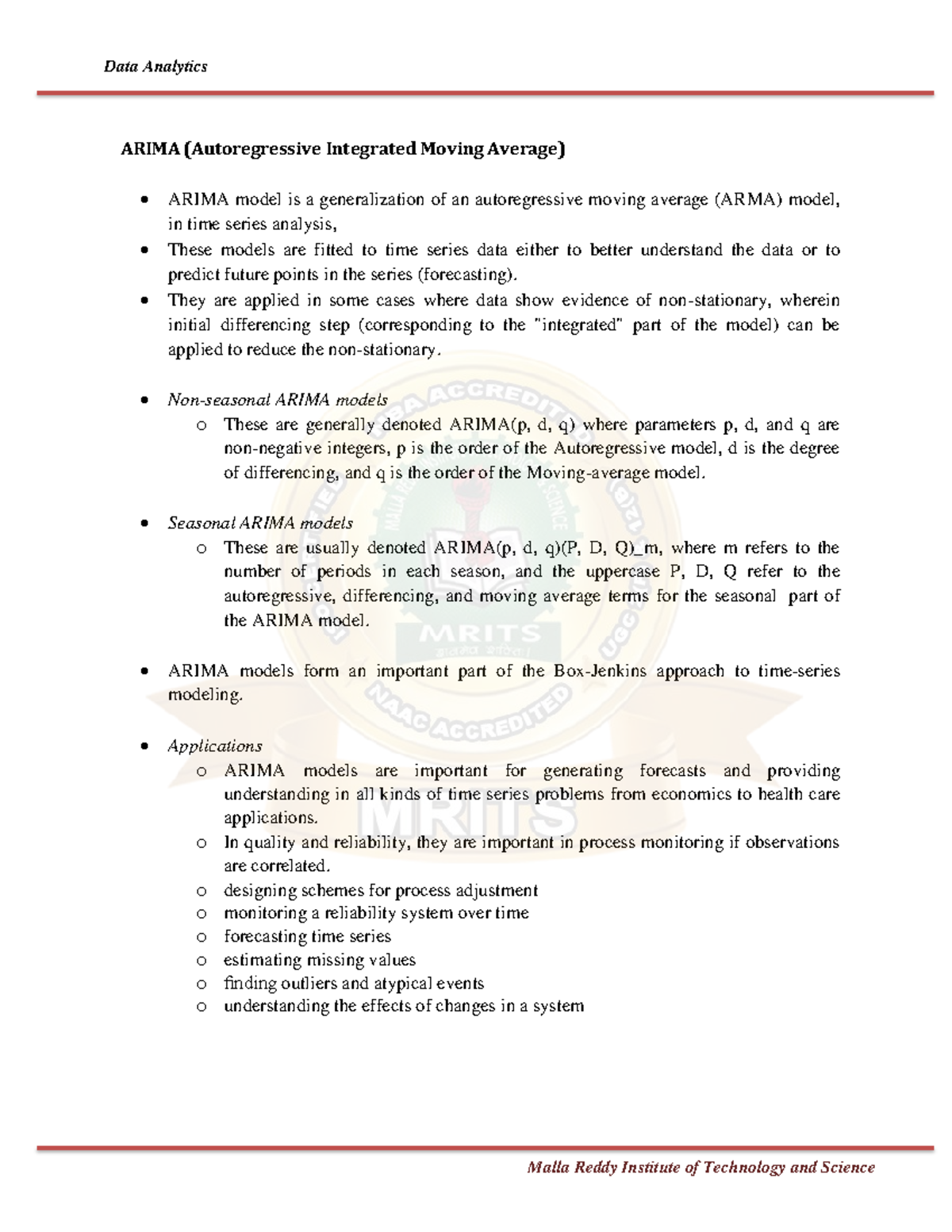 ARIMA Model Practice Problems for Data Analytics Course - Studocu
