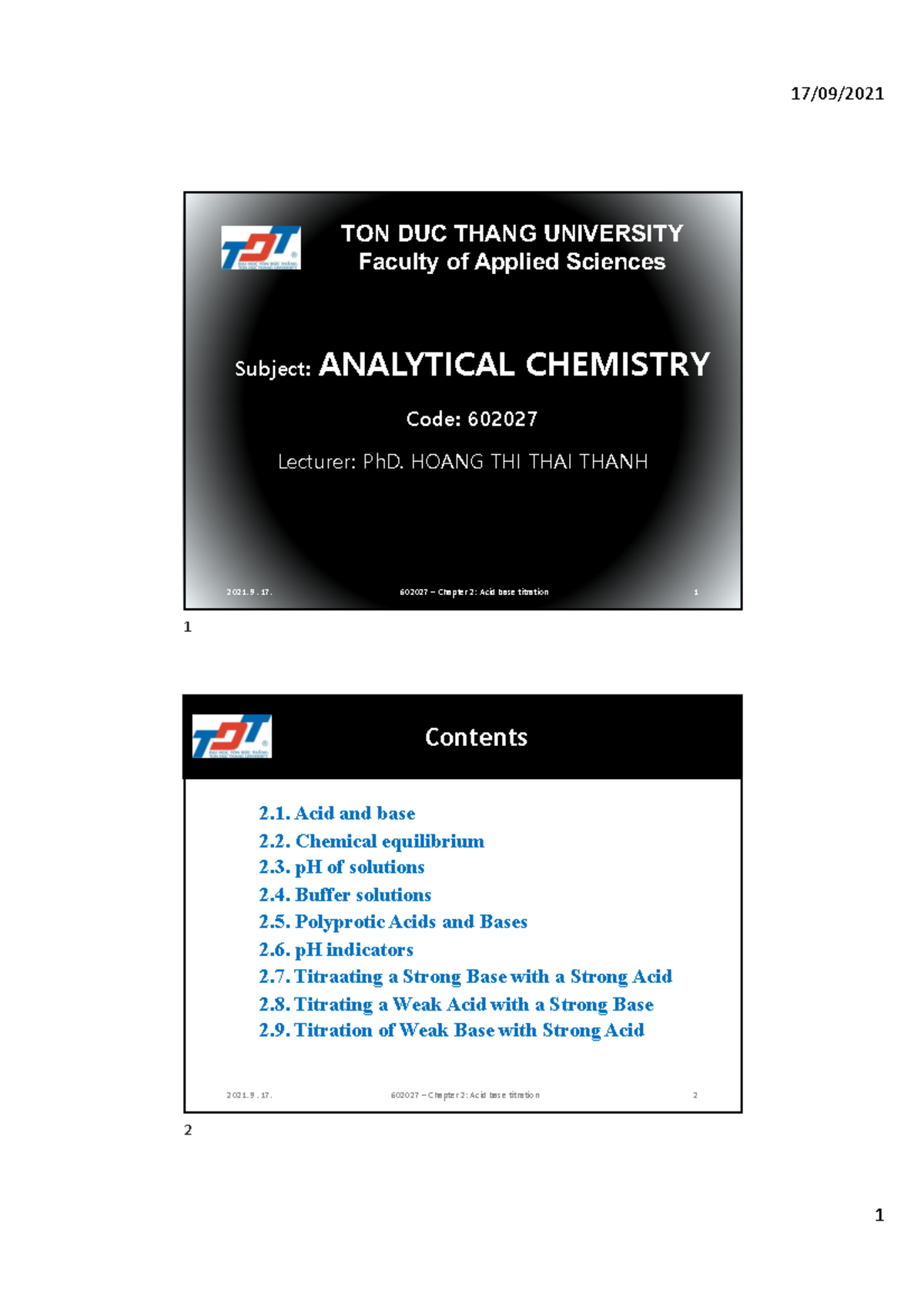 Analytical chemistry 602027 - chapter 2 ôn tập - Geonomics - Ton Duc Thang University - Studocu