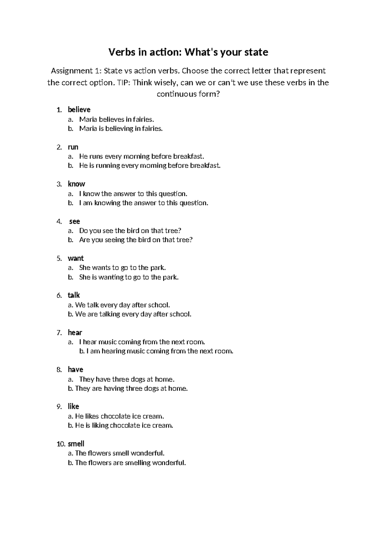 V3 Worksheet: Identifying State and Action Verbs - Studeersnel