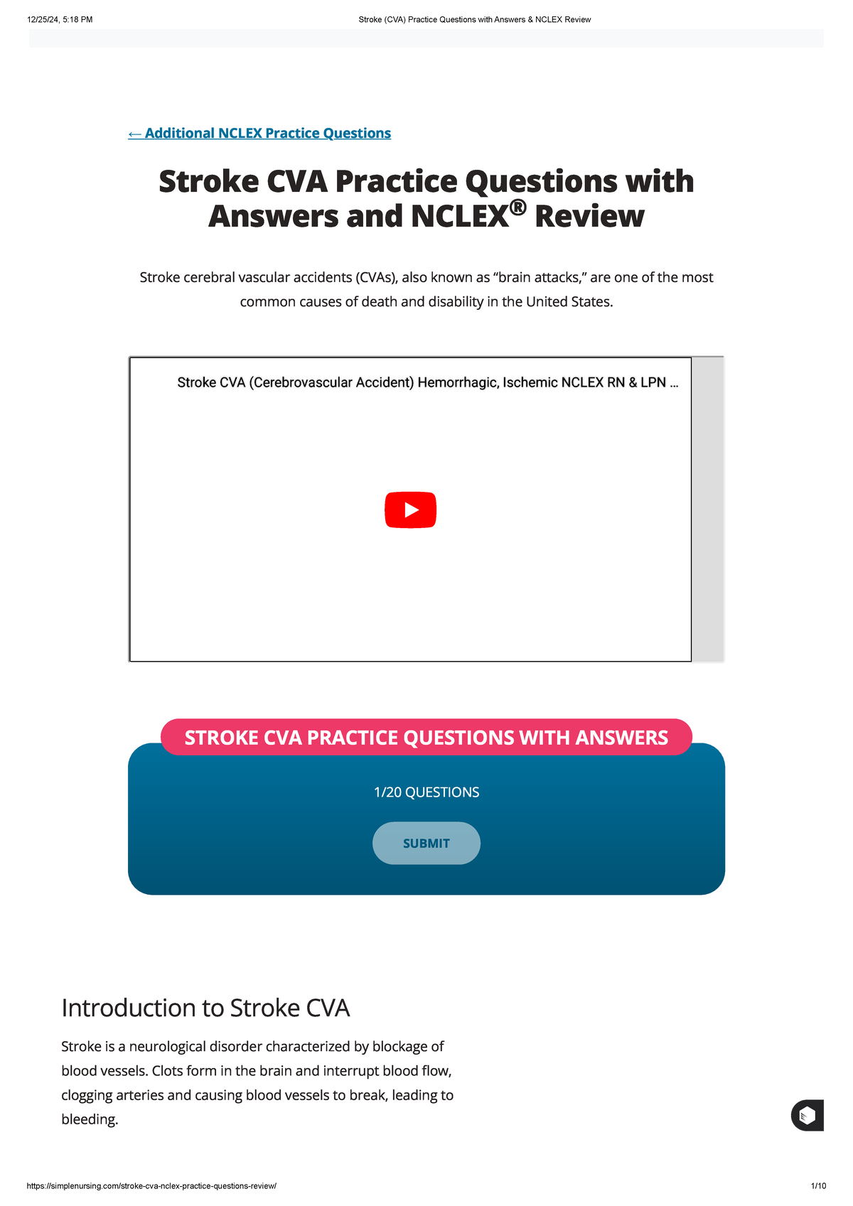 Stroke (CVA) NCLEX Practice Questions & Answers for RN/LPN Review - Studocu