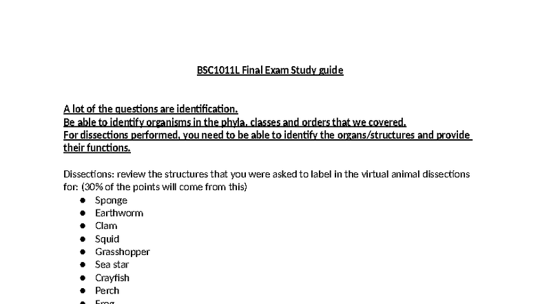 BSC1011L Final Exam Study Guide: Organism Identification ...