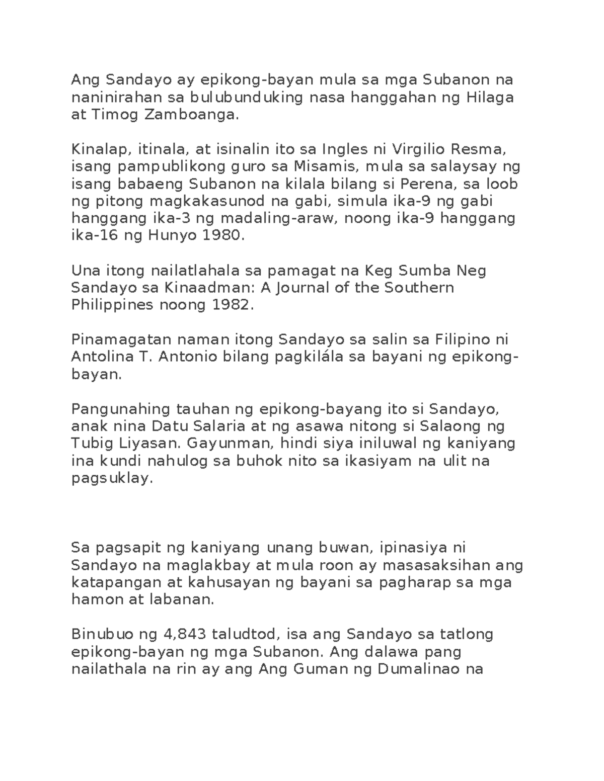 674824803 Sandayo: Isang Epikong-Bayan ng mga Subanon - Studocu