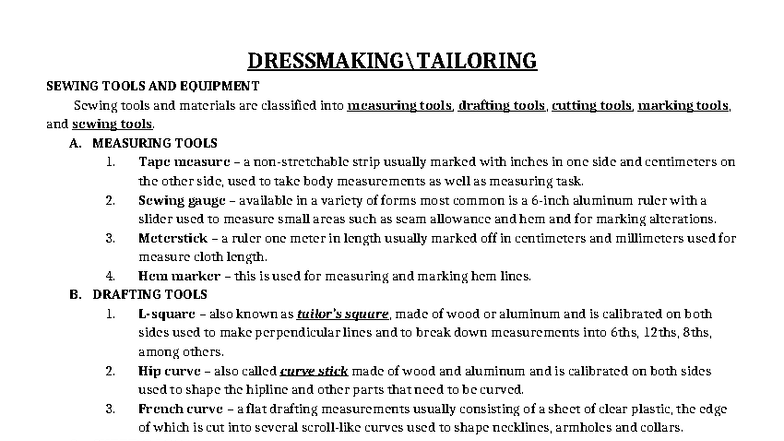 Dressmaking - Lecture notes - DRESSMAKING\TAILORING SEWING TOOLS AND ...