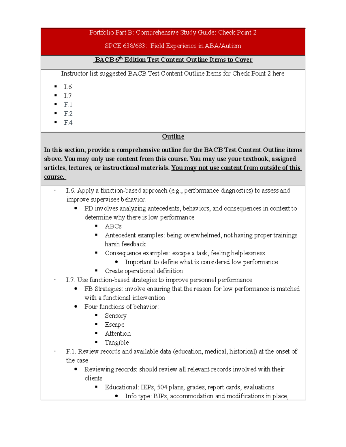 SPCE 638 Final Exam Study Guide: BACB Test Content Outline Check Point ...