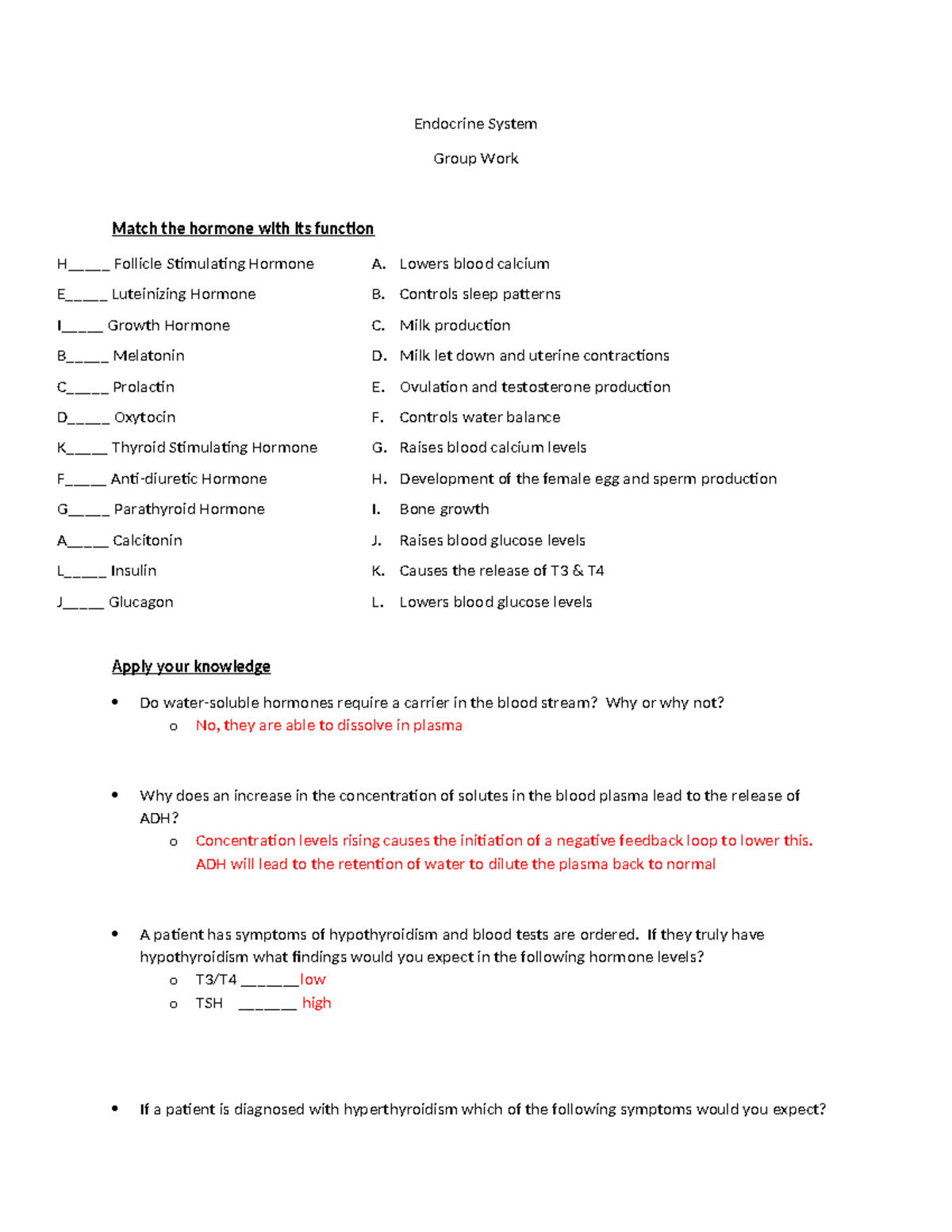 Endocrine System (Answer Key) - Group Work Details for Study - Studocu
