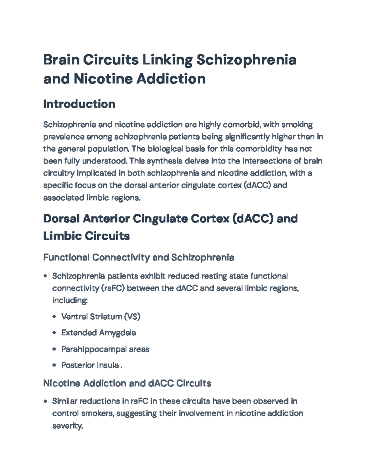Brain Circuitry in Schizophrenia and Nicotine Addiction: An Analysis ...
