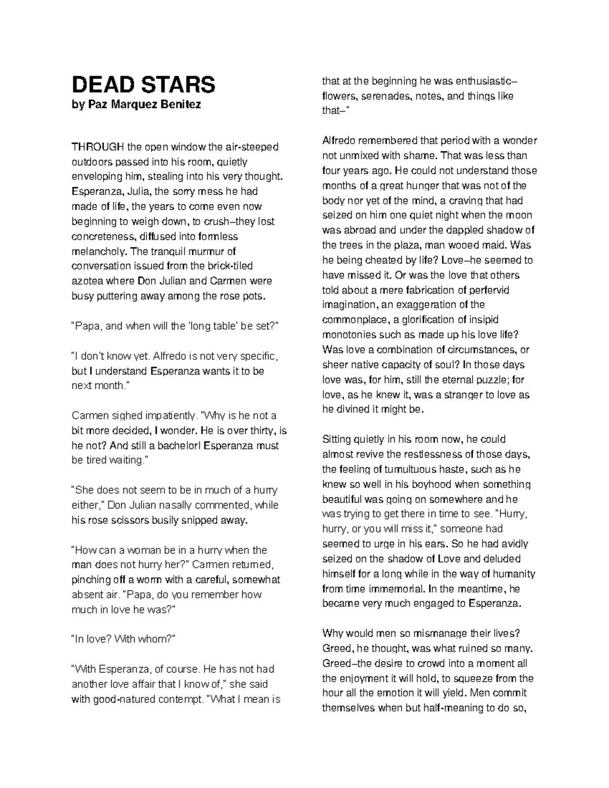 Dead Stars (ENG 101) - Analyzing Love and Regret in Paz Marquez Benitez ...