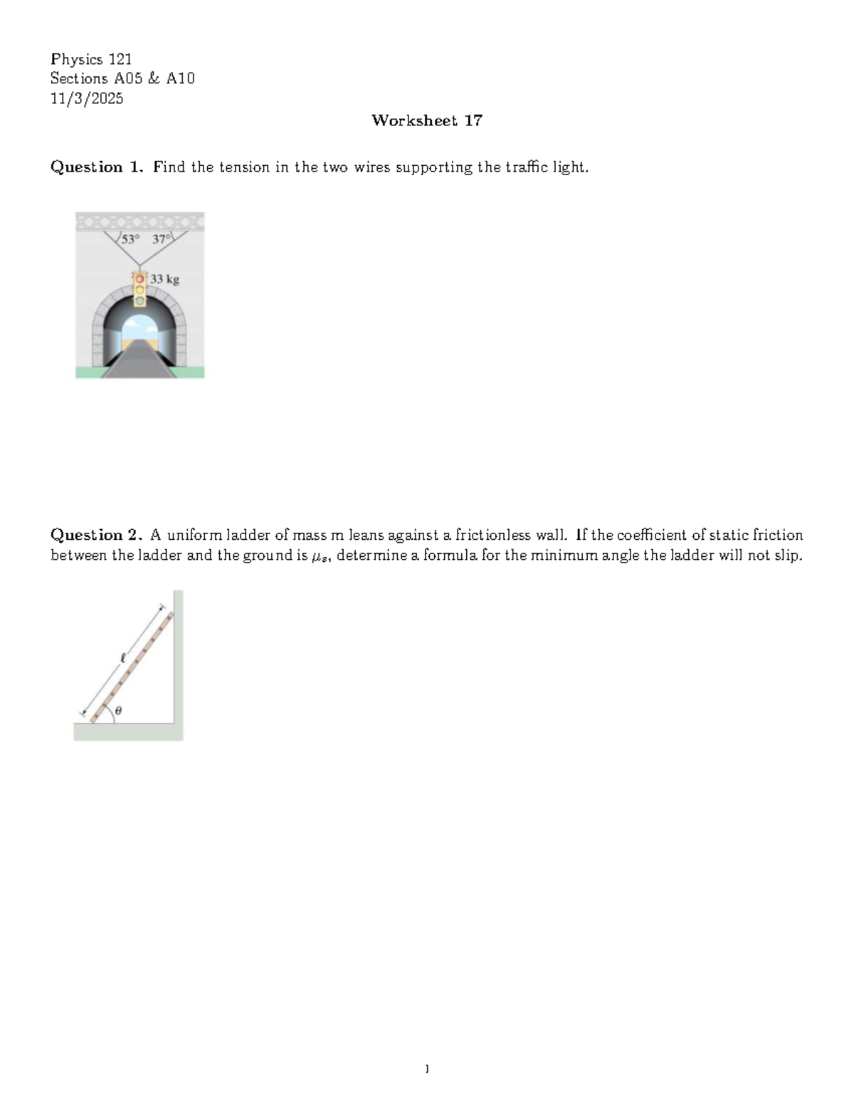 PHYS 121 Worksheet 17: Tension in Wires & Ladder Angle Analysis - Studocu