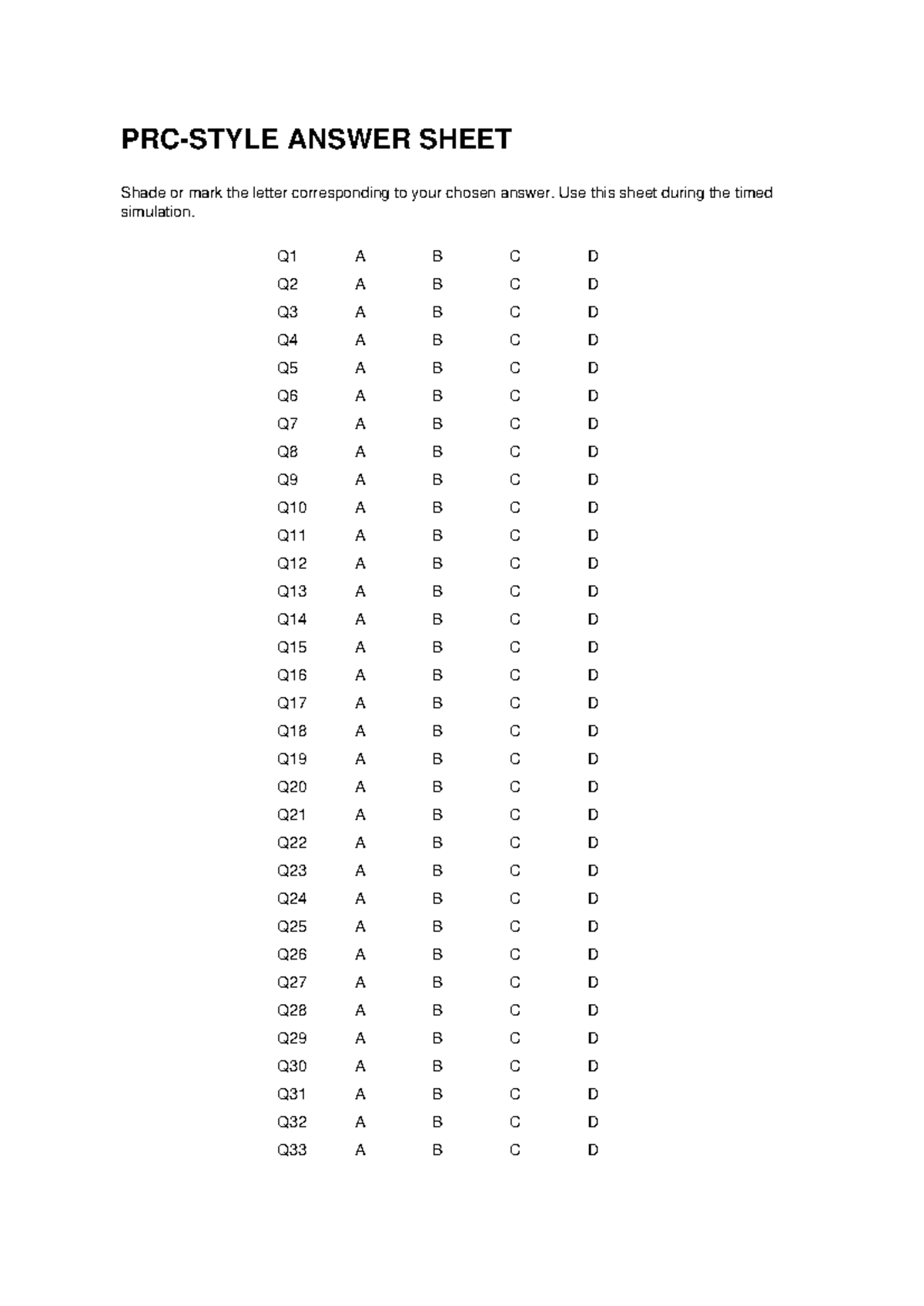 PRC Style Answer Sheet for Timed Simulation - Studocu