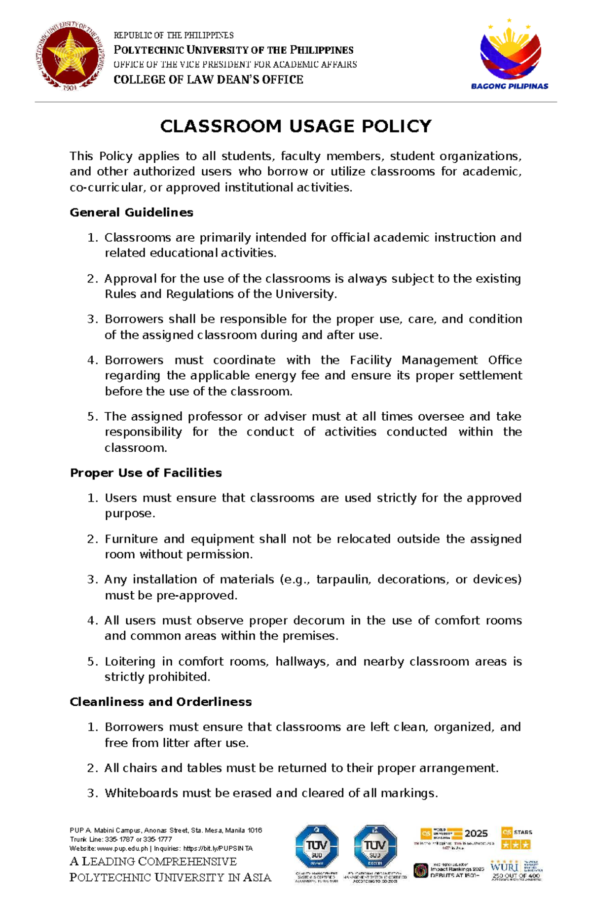 PUP College of Law Classroom Usage Policy Guidelines - Studocu