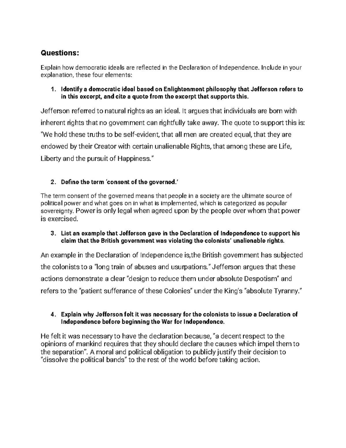 AP US Gov 1.1: Democratic Ideals in the Declaration of Independence ...