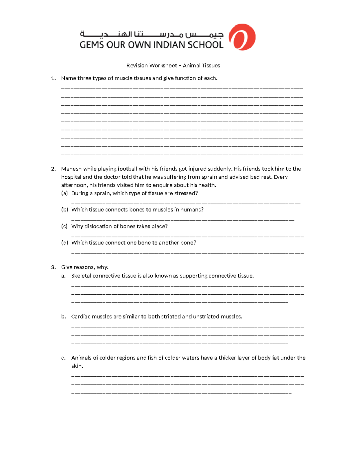 Revision Worksheet Biology PA2 - Animal Tissues - Studocu