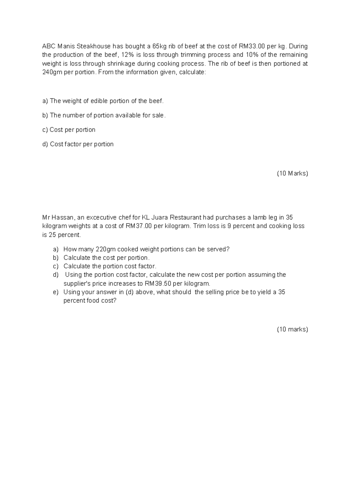 Exercise Butcher: Beef & Lamb Portion Cost Analysis (10 Marks) - Studocu