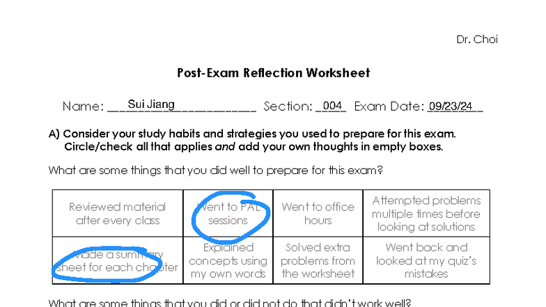 Post-Exam Reflection Worksheet for Dr. Choi 004 - Fall 2024 - Studocu