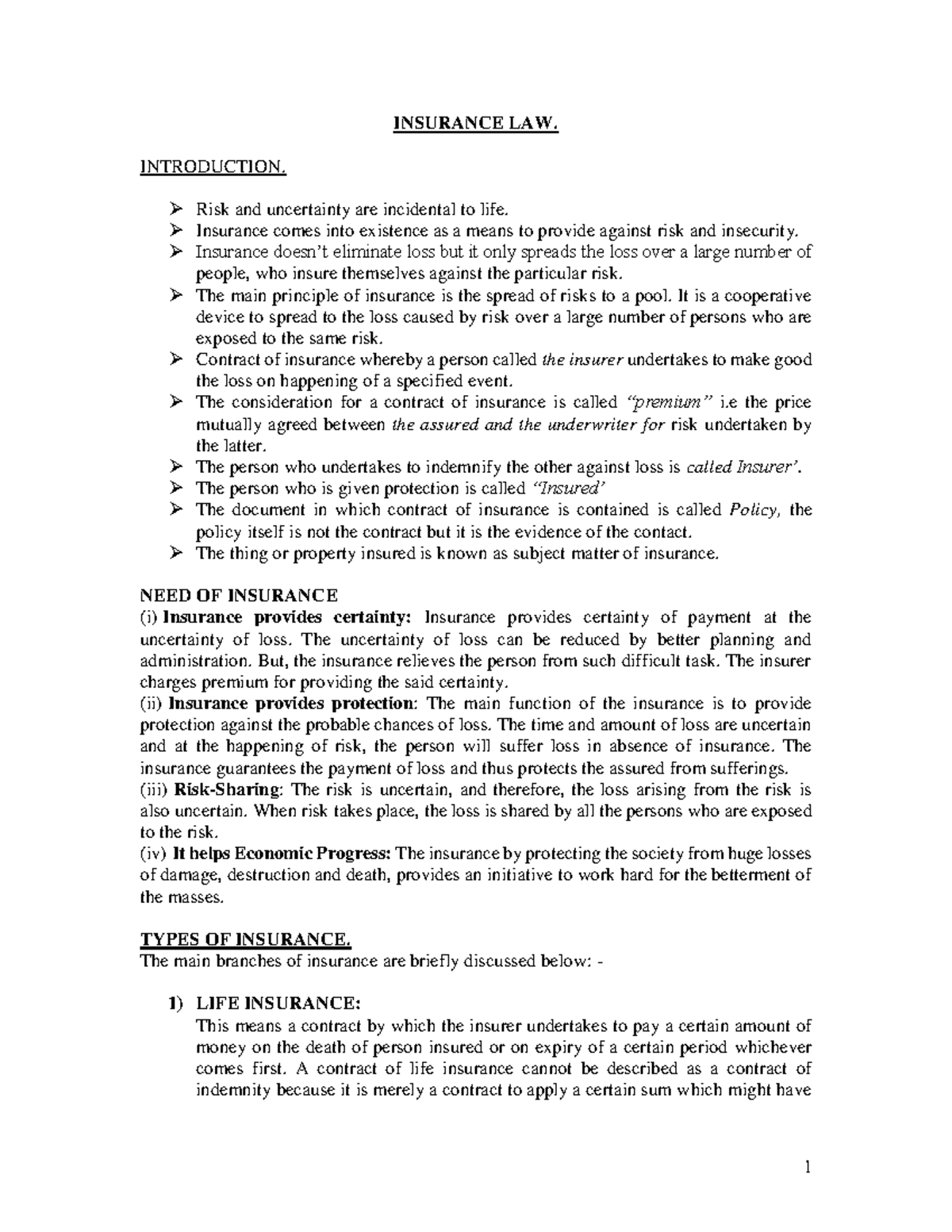 Insurance law: Introduction and fundamental principles notes - Studocu