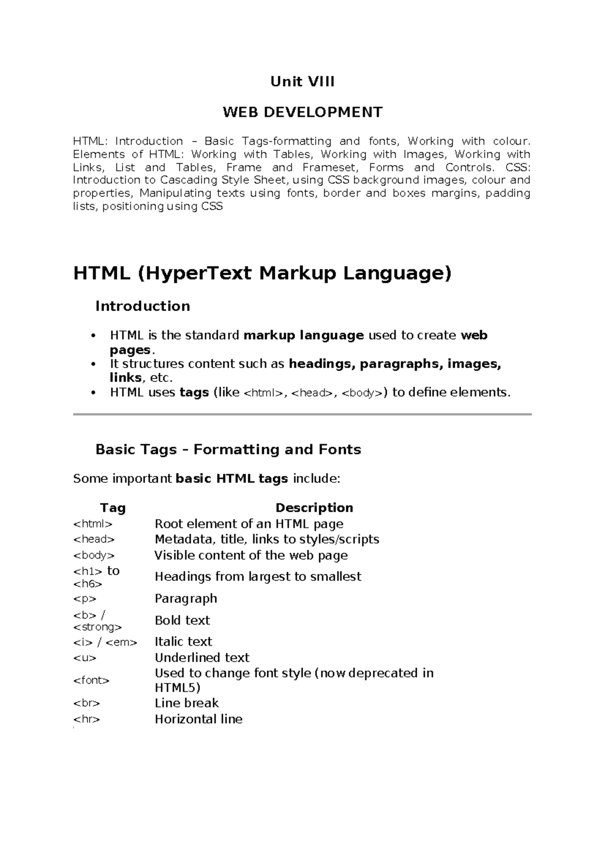 Unit VIII: Introduction to HTML & CSS - Web Development Basics - Studocu