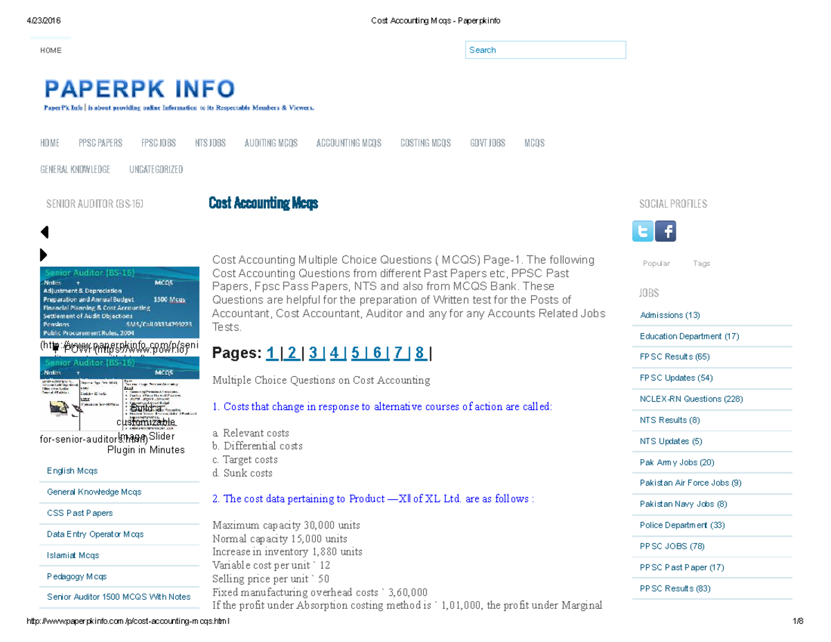 Cost Accounting MCQs for Accountant & Auditor Prep - Studocu