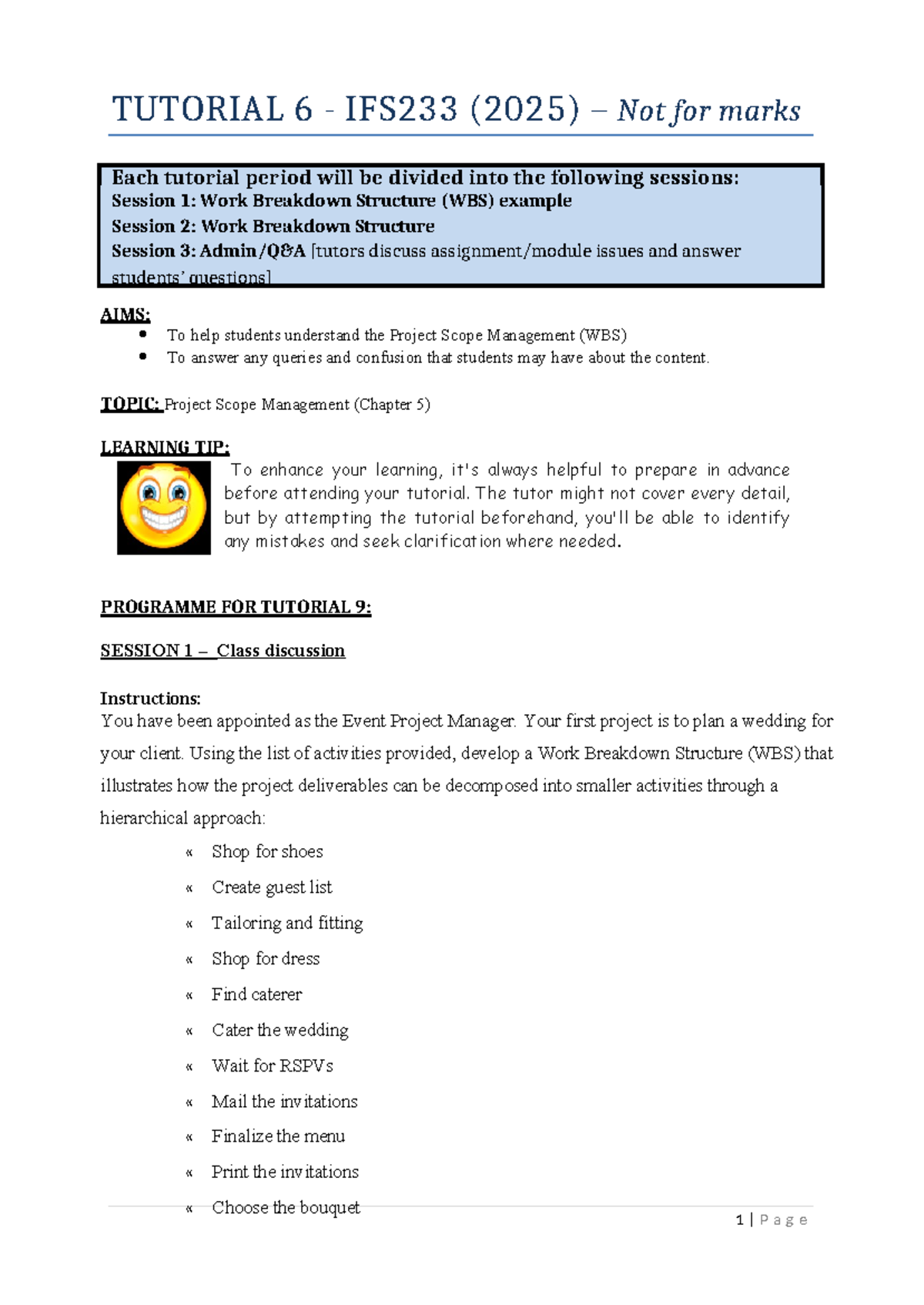 Tutorial 7: Work Breakdown Structure (WBS) IFS233 (2025) - Studocu